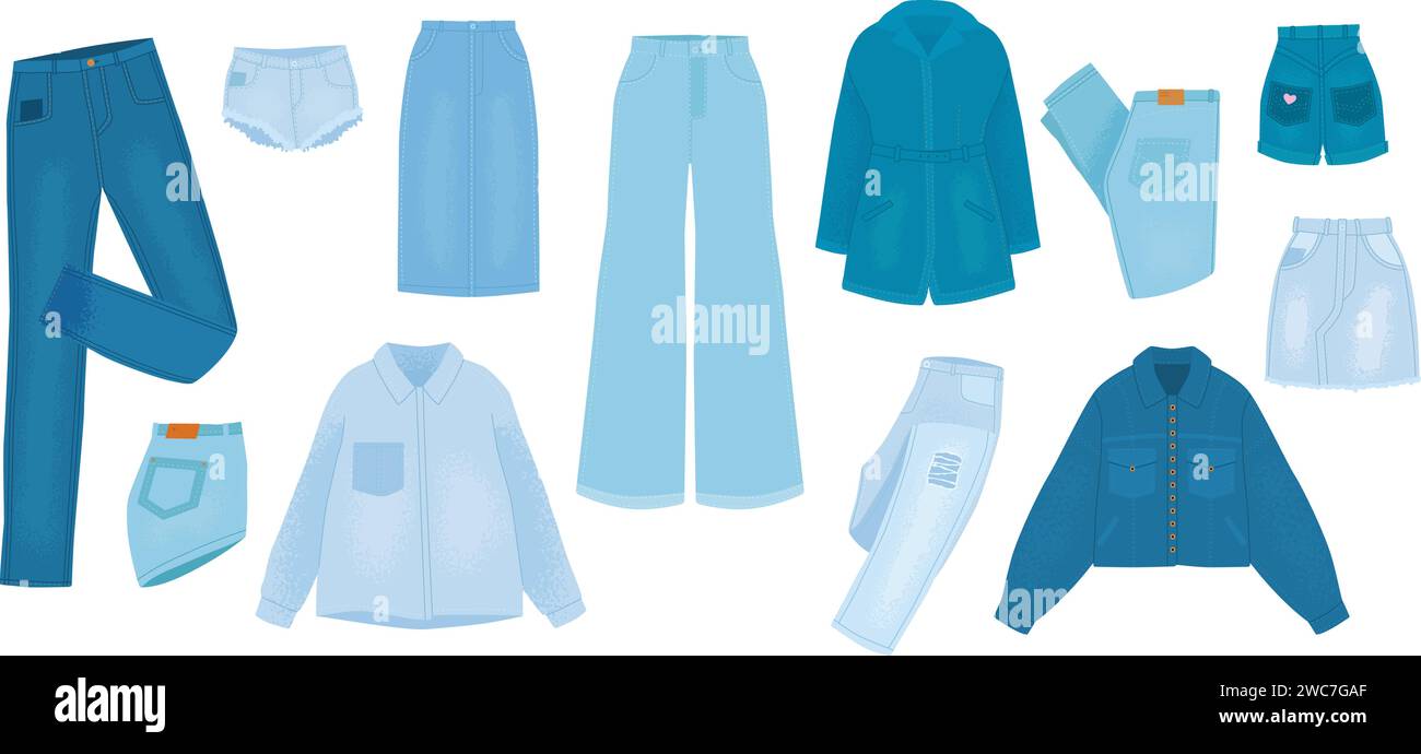 Denim clothes isolated set. Jeans style trench and skirt, pants, shirt ...