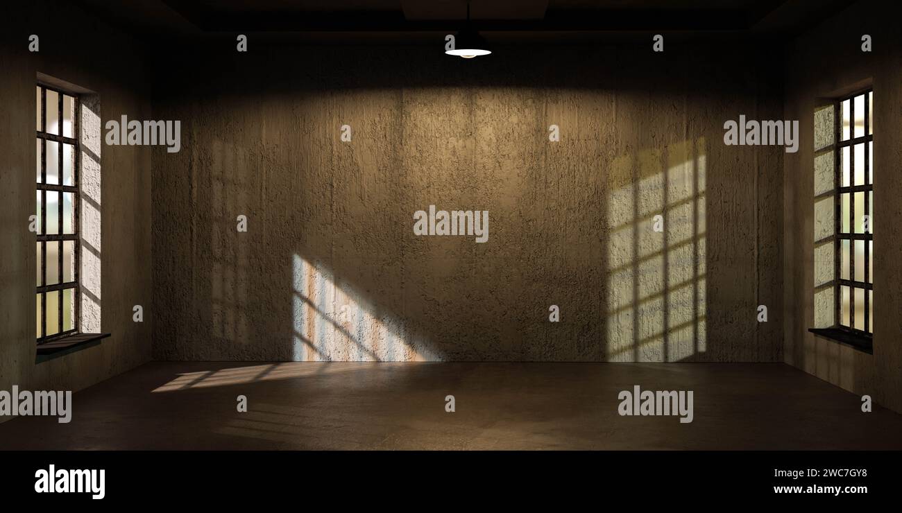 Empty Room at night With two Windows 3d render illustration Stock Photo ...