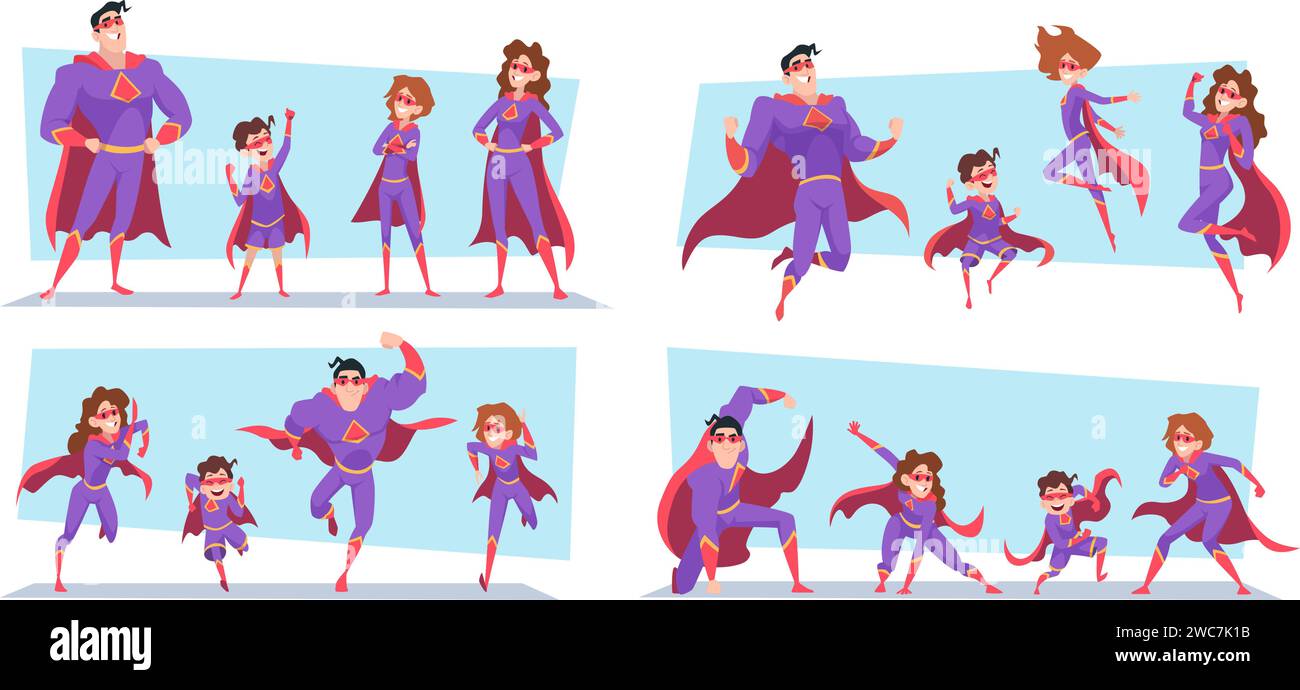 Heroes family. Parents and kids superheroes exact vector cartoon ...