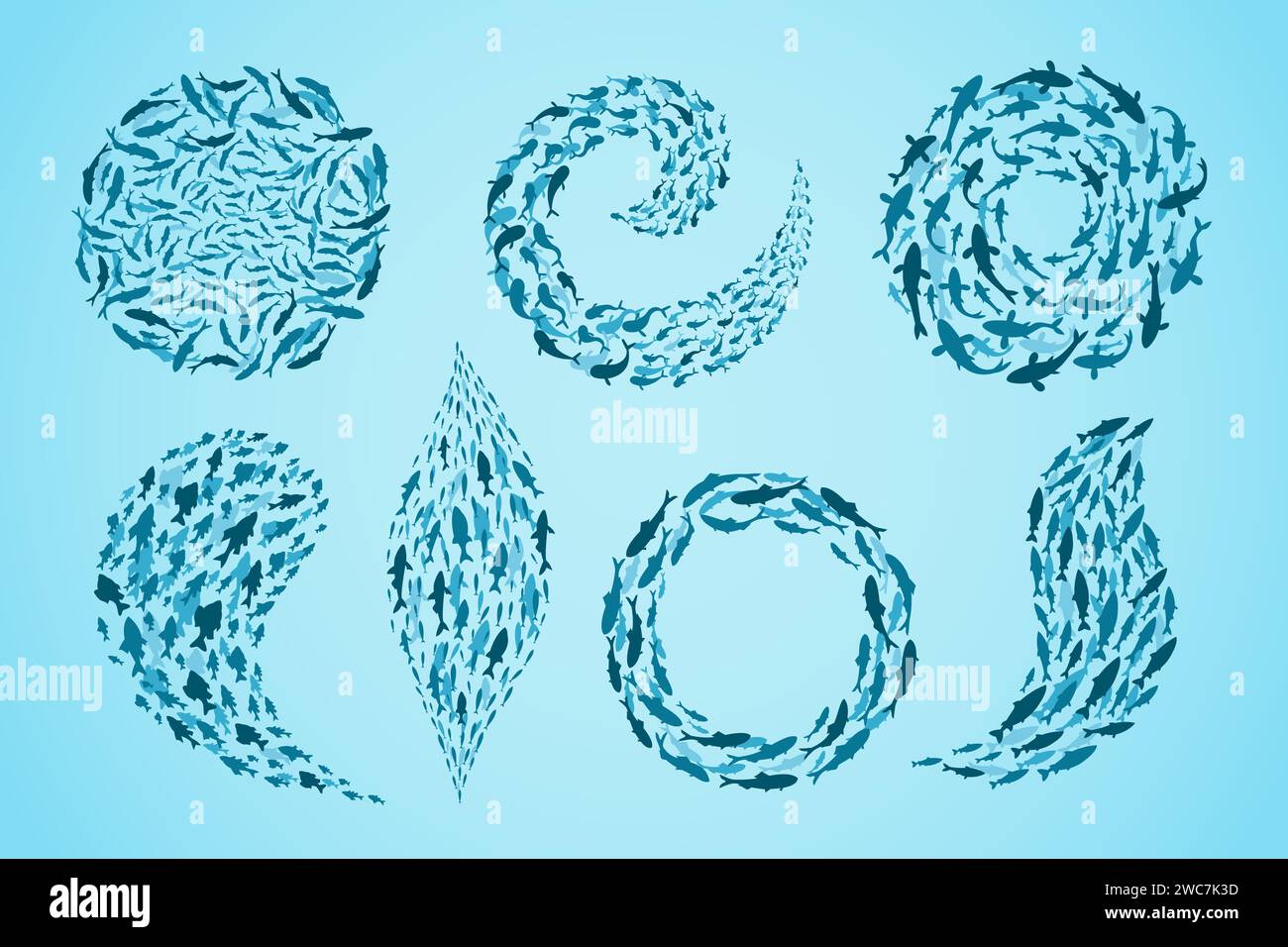 Shoal fish. Underwater life ecosystem silhouettes of fishes in various ...