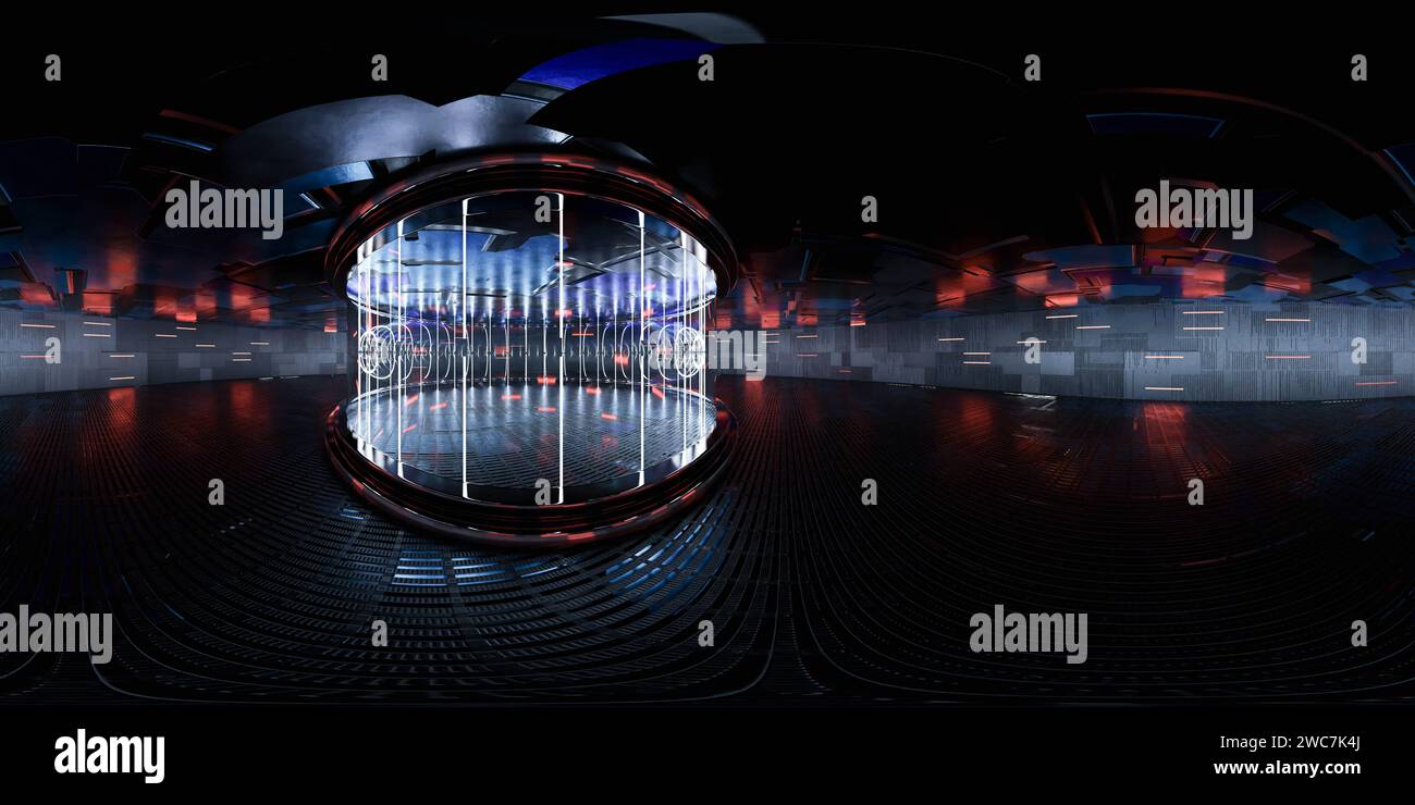 Futuristic Building Illuminated Dark Room with round lit display 360 ...