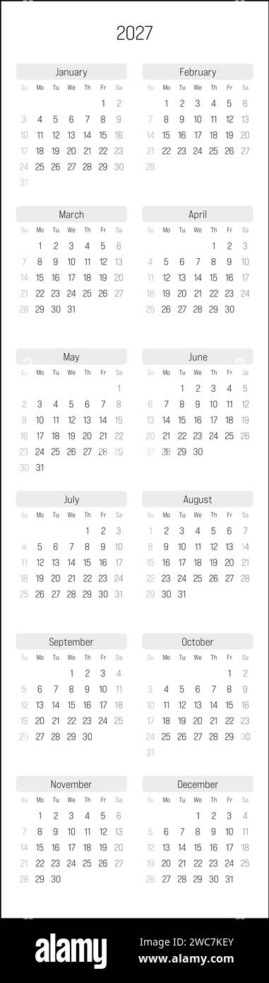 Monthly calendar of year 2027. Week starts on Sunday. Block of months ...