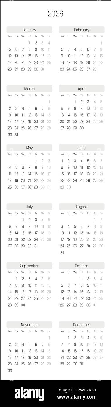 Monthly calendar of year 2026. Week starts on Monday. Block of months ...
