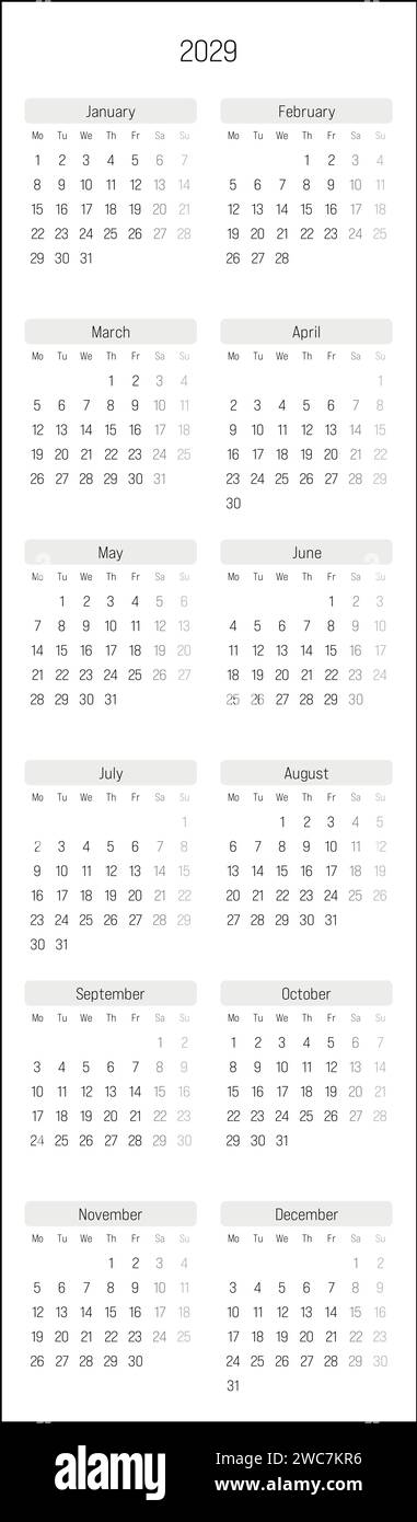 Monthly calendar of year 2029. Week starts on Monday. Block of months ...