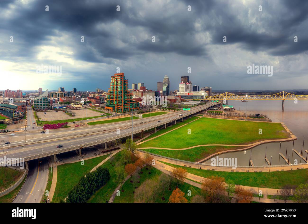 This captivating aerial photograph showcases a vibrant cityscape with a ...