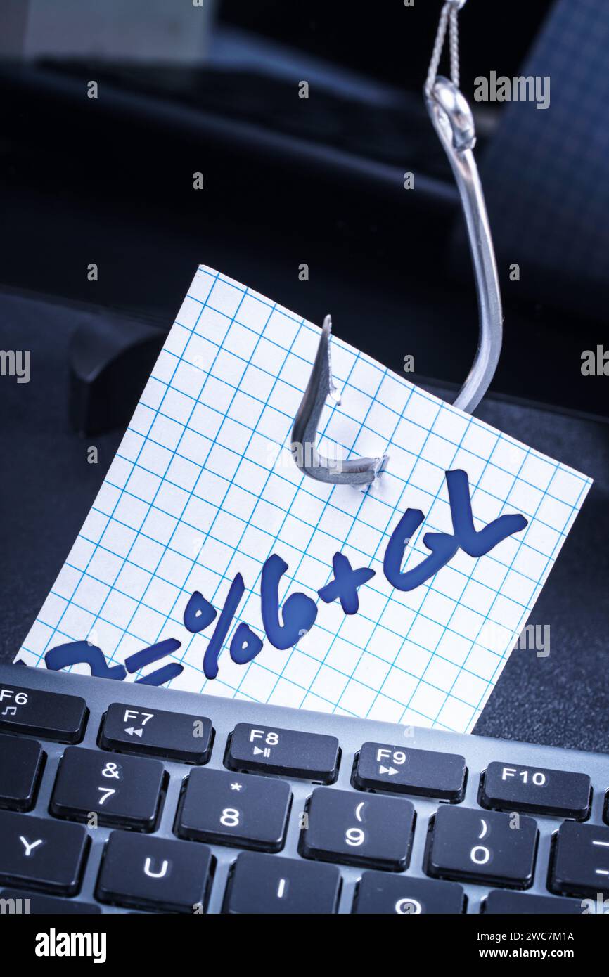 Password stealing concept. A fishing hook is used to pull a note with a ...