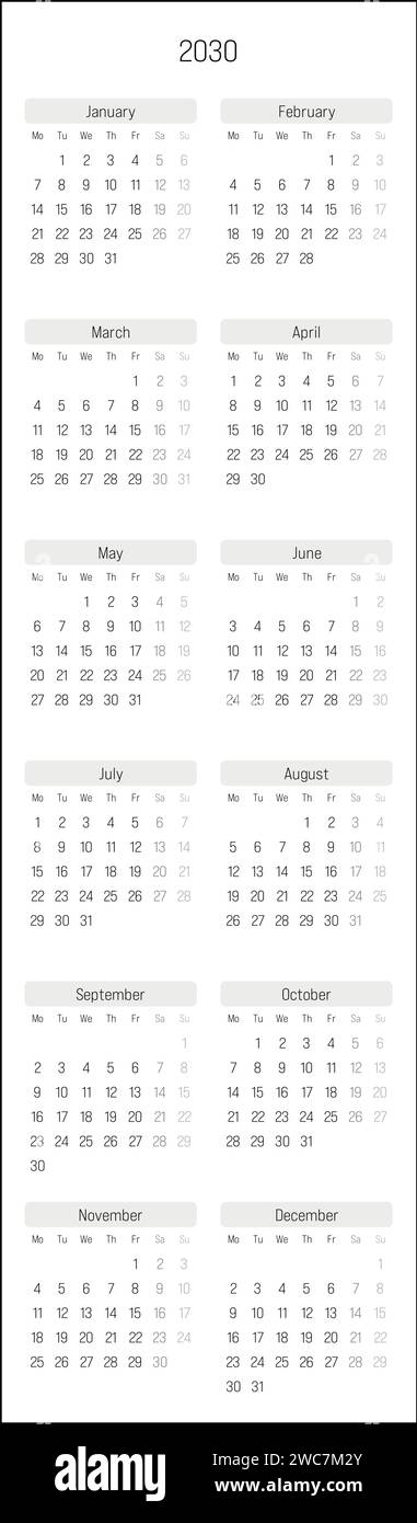 Monthly calendar of year 2030. Week starts on Monday. Block of months ...