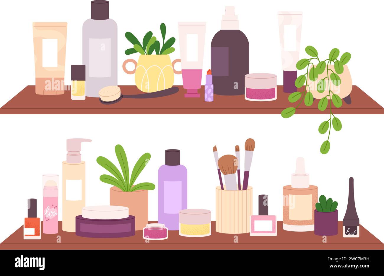 Decorative cosmetics on shelf. Cosmetic products and makeup elements ...