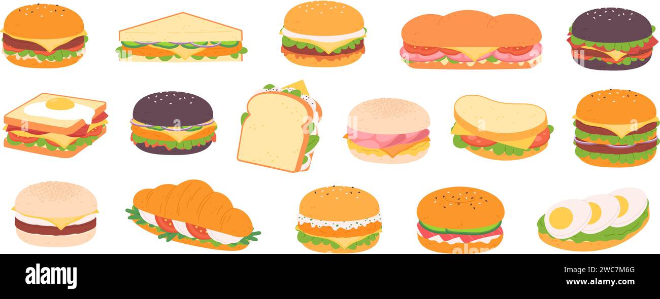 Different sandwiches and burgers. Fast food tasty elements, bar r ...