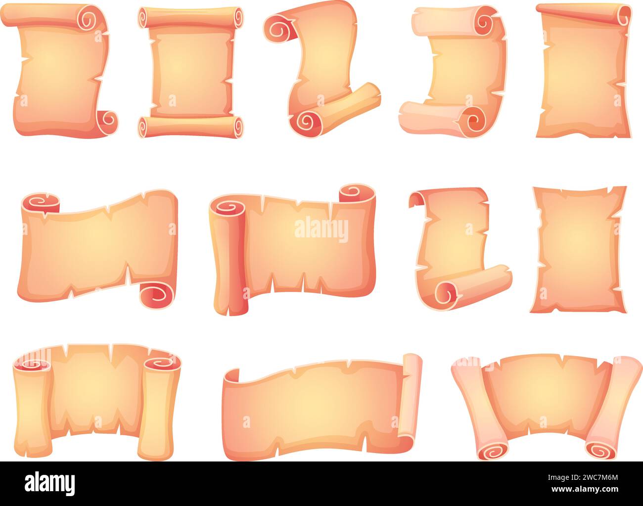 Cartoon papyrus set. Old scrolls, papers and parchments. Blank ancient manuscripts, letters or ...