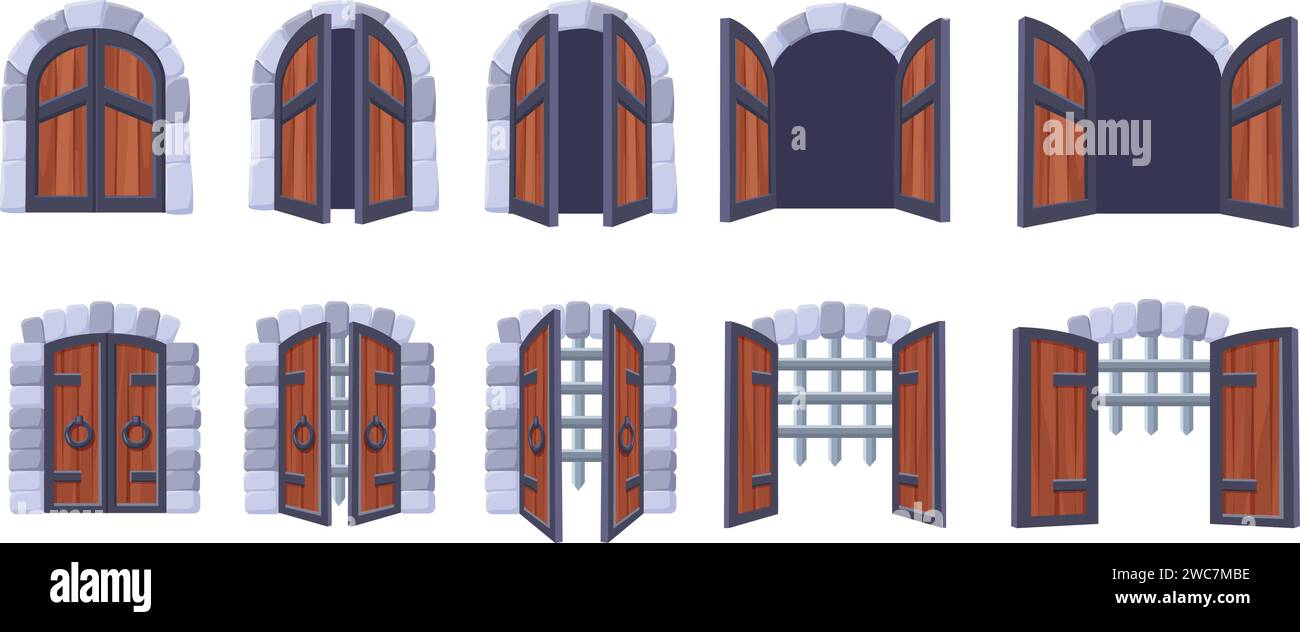 Castle door opened. Medieval wooden gates open animation process. Old ...