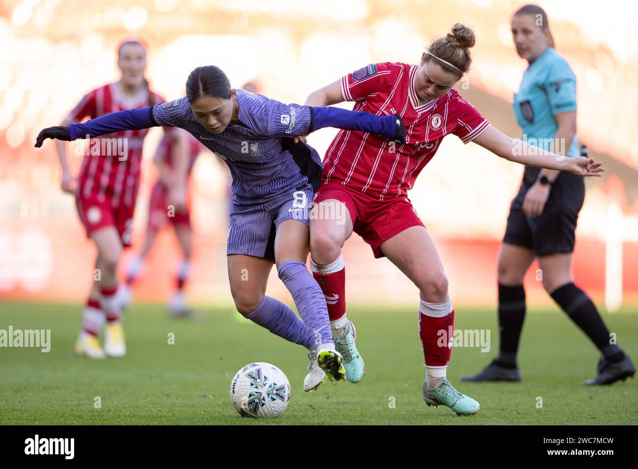 Bristol, UK. 14th January 2024. Fuka Nagano of Liverpool under pressure ...