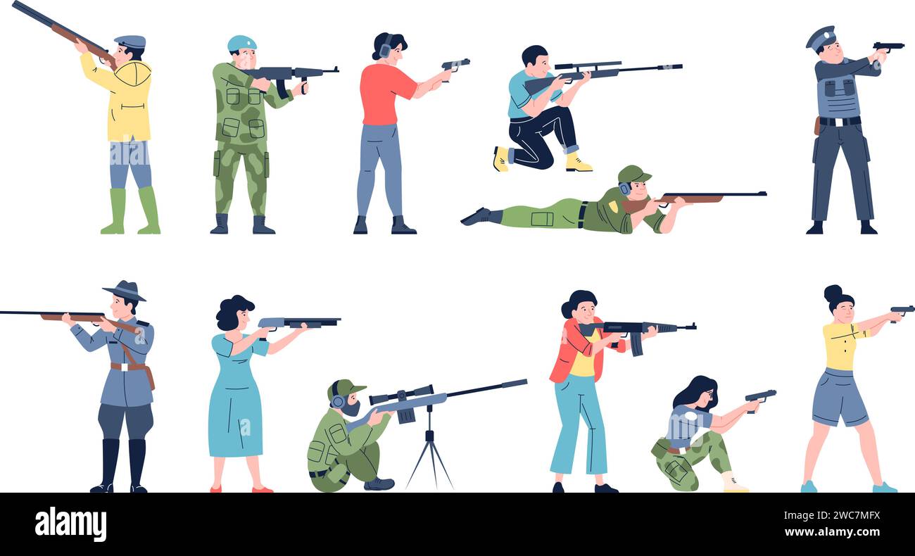 Shooting range. People hold firearms, men woman shoots. Shoot training ...