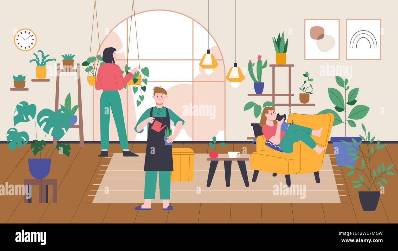 Urban jungle at home. Young people caring greens in pots. Friends spend ...