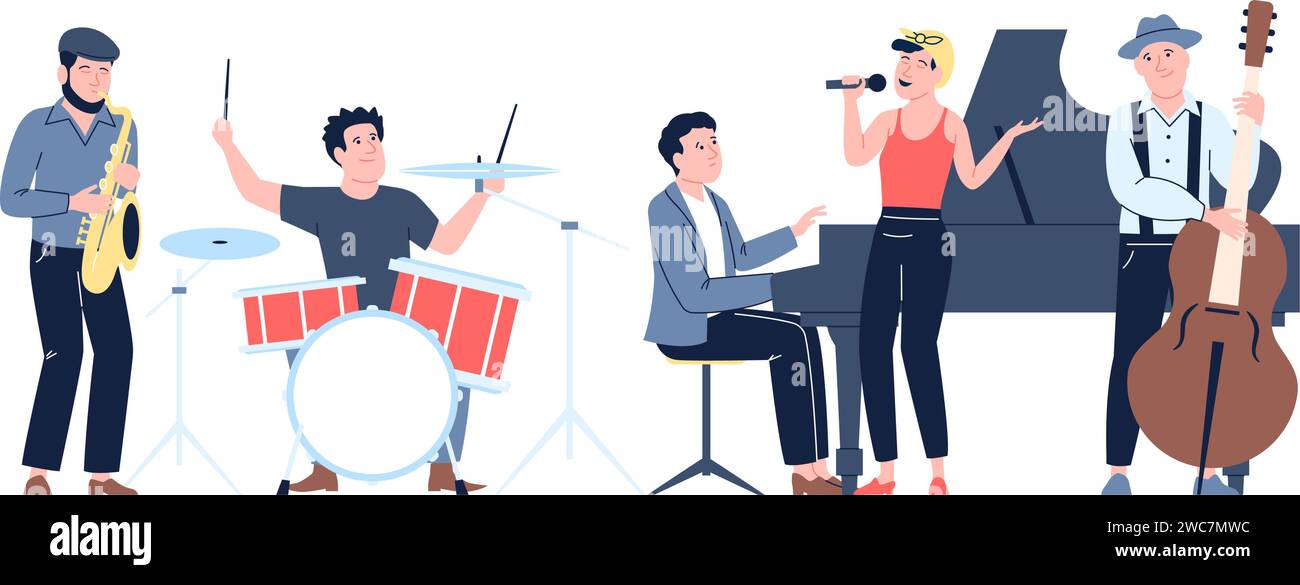 Jazz band concert. Young female singer and musicians. People play piano ...