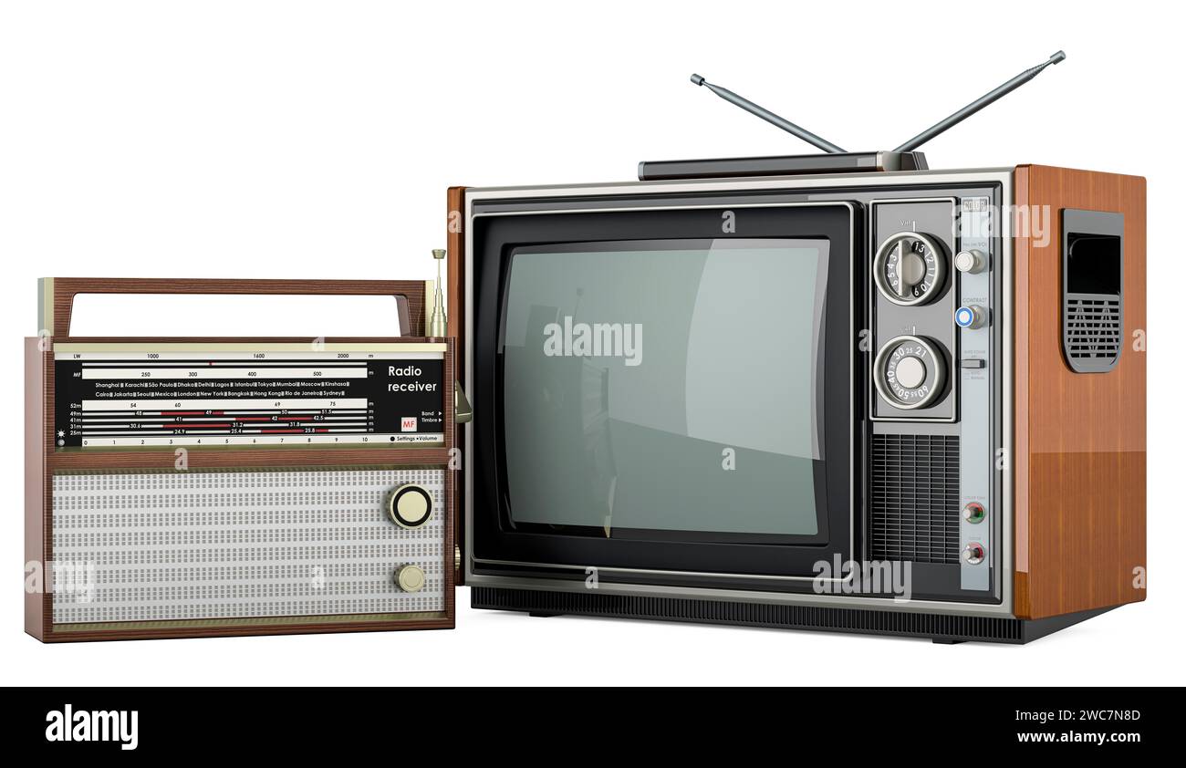 Retro old TV set with FM radio receiver. Broadcasting concept. 3D ...