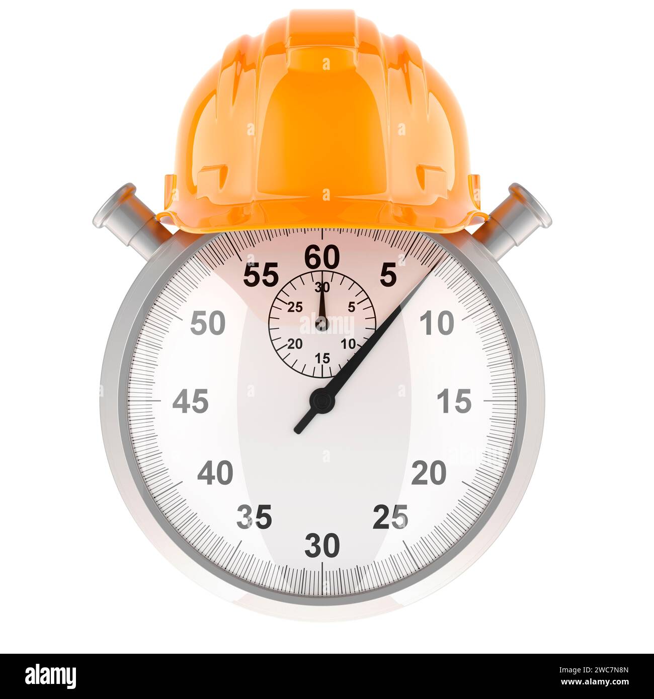 Stopwatch with construction orange hard hat, 3D rendering isolated on ...