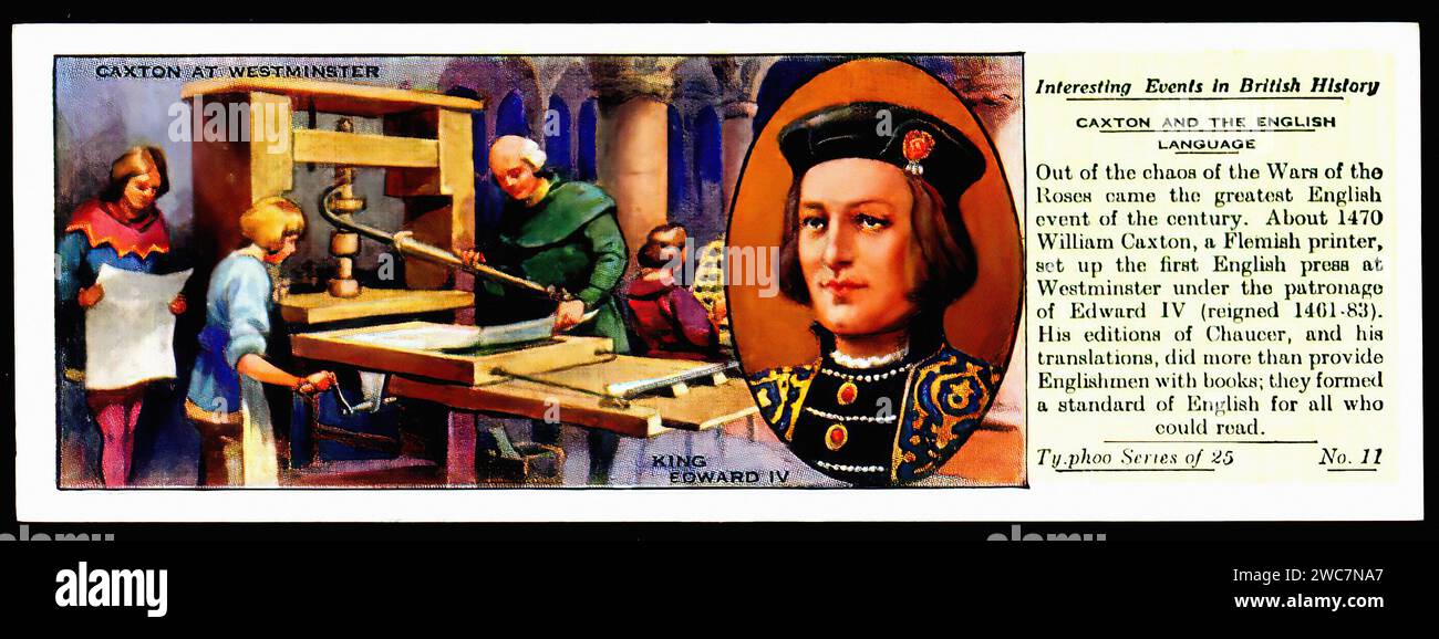 Caxton's Printing Press - Vintage Tradecard Illustration Stock Photo ...