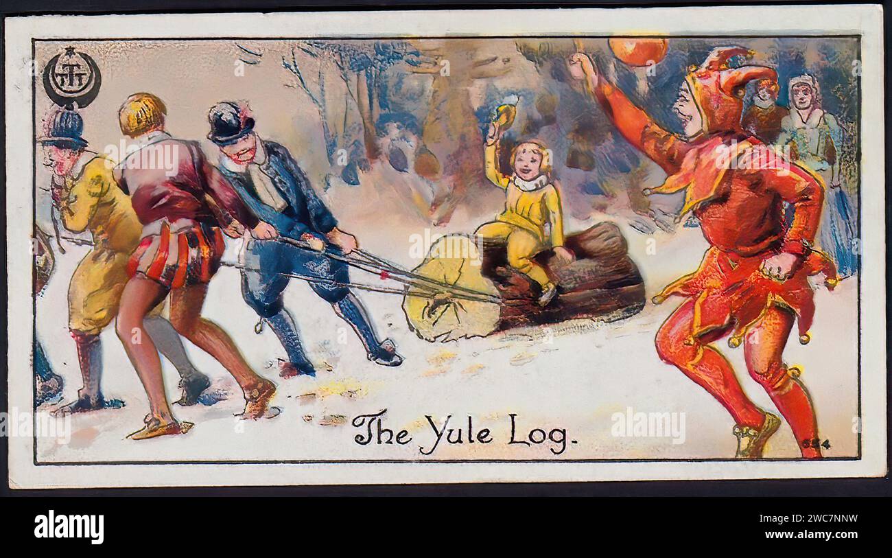 The Yule Log - Vintage English Tradecard Illustration Stock Photo - Alamy