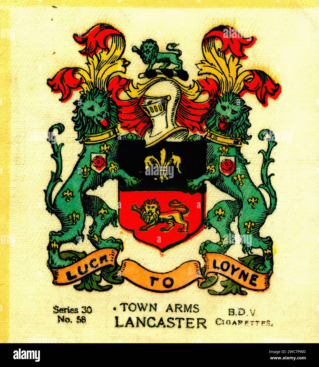 Town Arms of Lancaster - Vintage Cigarette Card Silk Illustration Stock ...