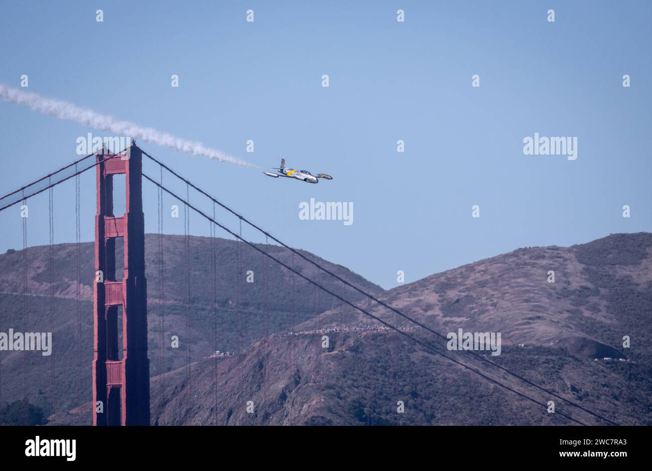 A T-33 vintage jet flying in San Francisco during an airshow by the ...