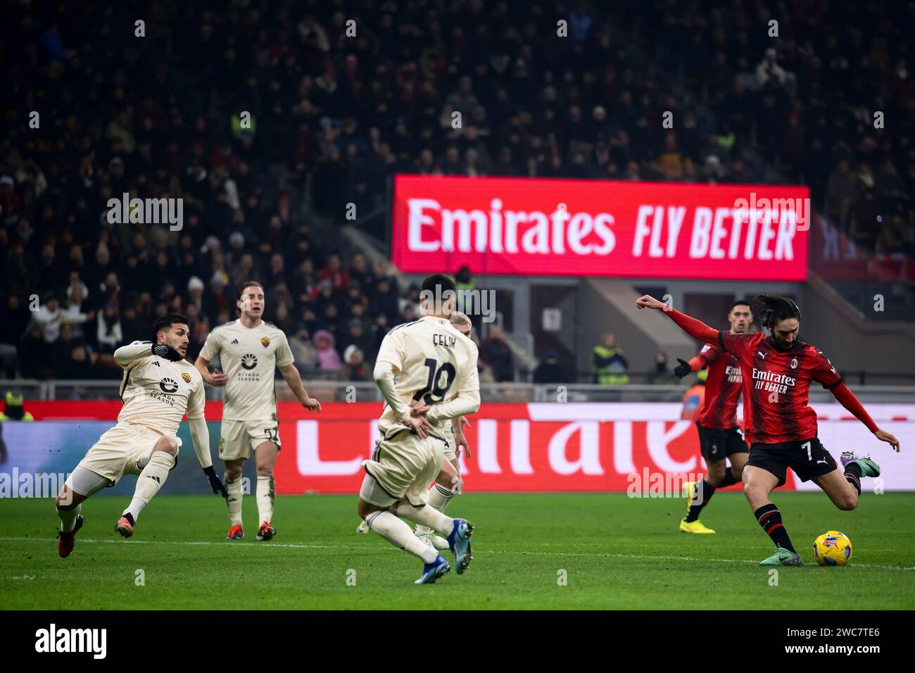 Milan, Italy. 14 January 2024. Yacine Adli of AC Milan scores a goal ...