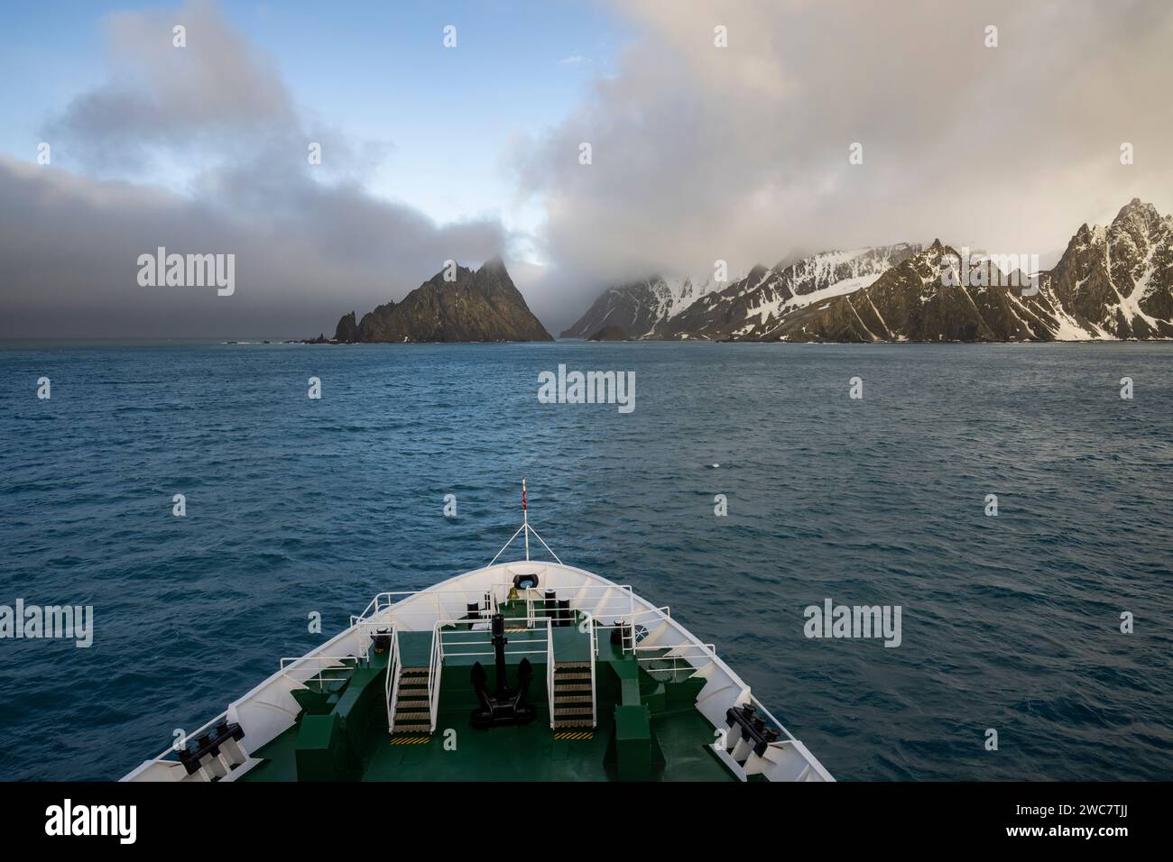 Forecastle of Gadventures Expedition ship approaching Elephant Island ...