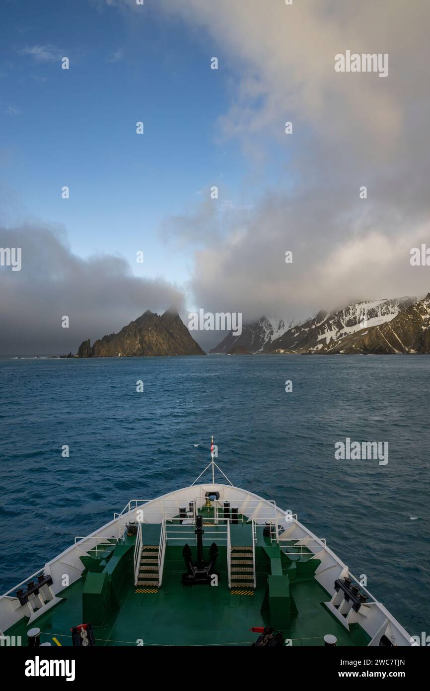 Forecastle of Gadventures Expedition ship approaching Elephant Island ...