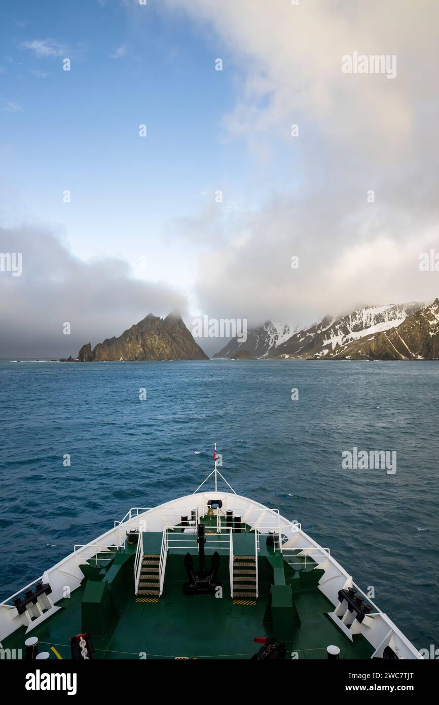 Forecastle of Gadventures Expedition ship approaching Elephant Island ...