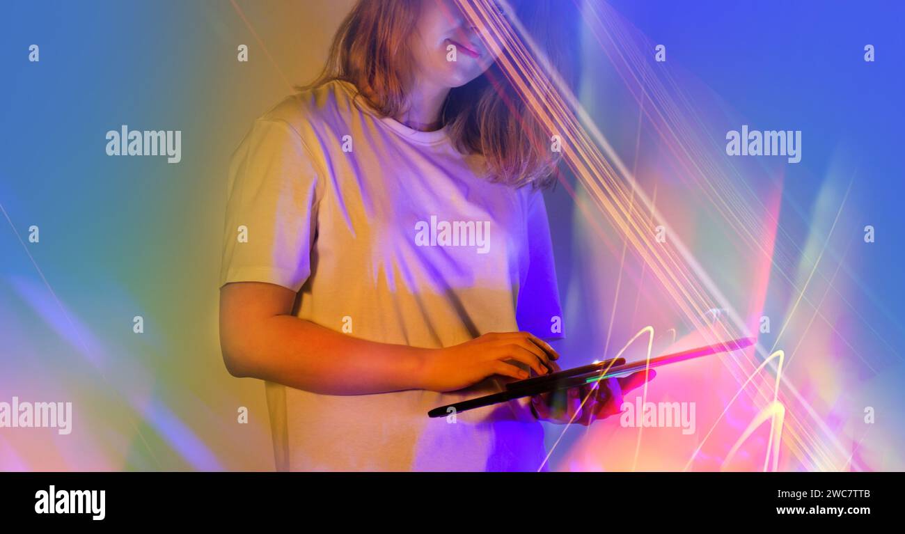 Person wearing augmented reality glasses for transition to virtual ...