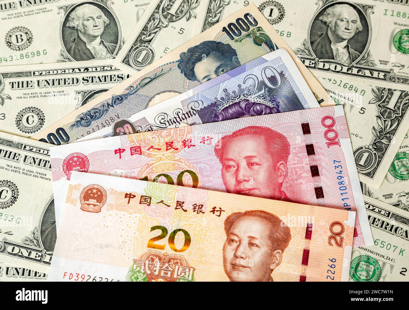 Various banknotes of Chinese and other currency on the dollar bills ...