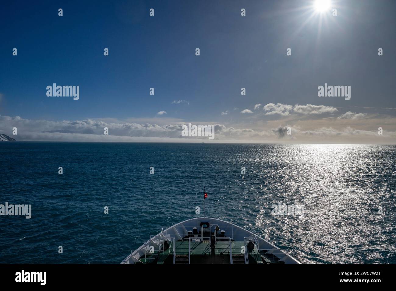 Forecastle of Gadventures Expedition ship approaching Elephant Island ...