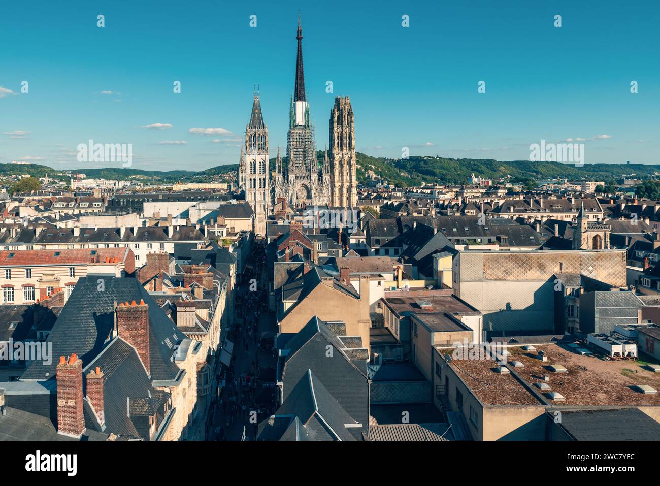 Aerial view of Rouen town with gothic Cathedral of Notre Dame on a ...
