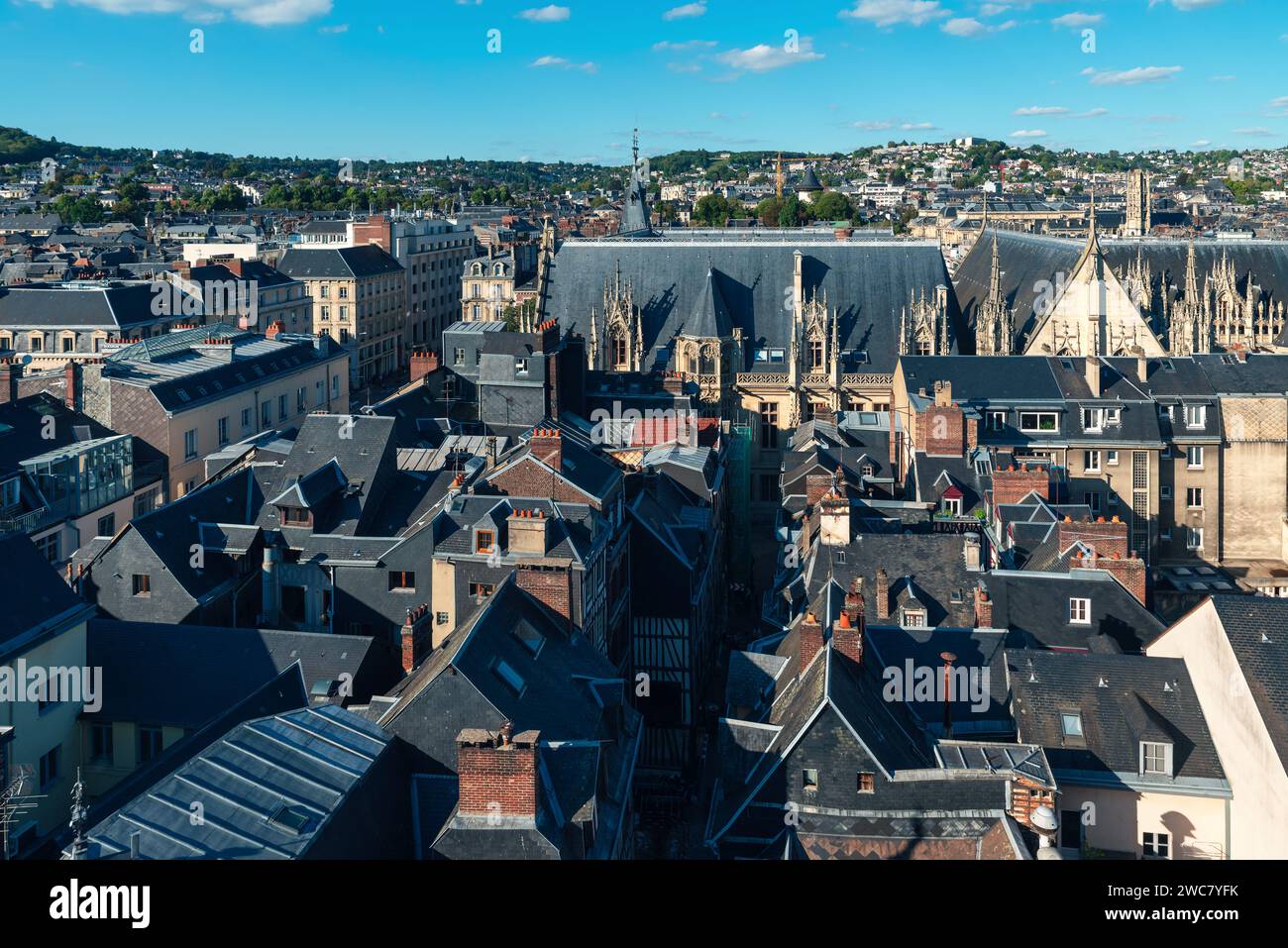 Aerial view of Rouen town with black rooftops on a sunny day, Normandy ...