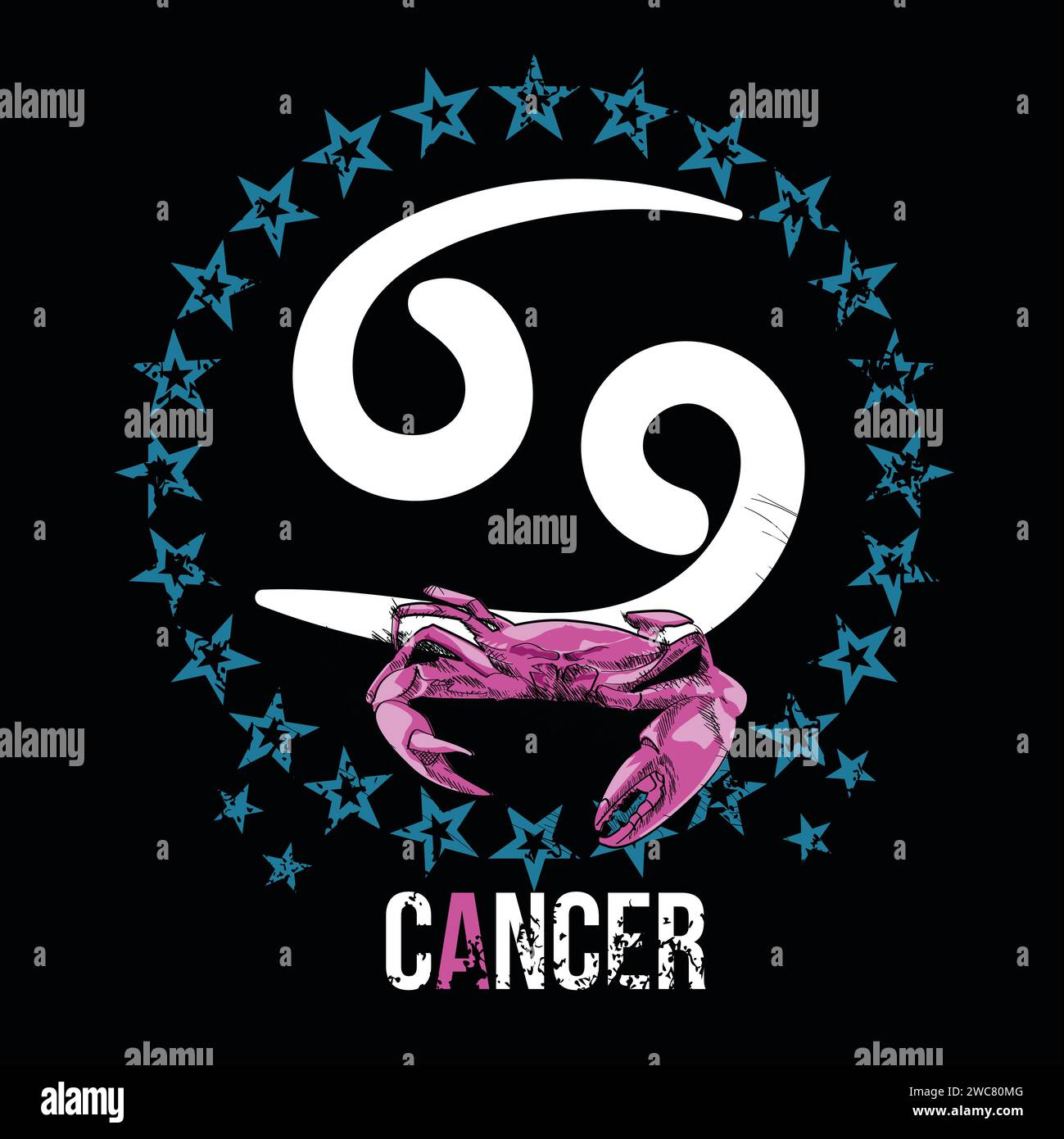 T-shirt design of the cancer symbol surrounded by stars and a pink crab ...