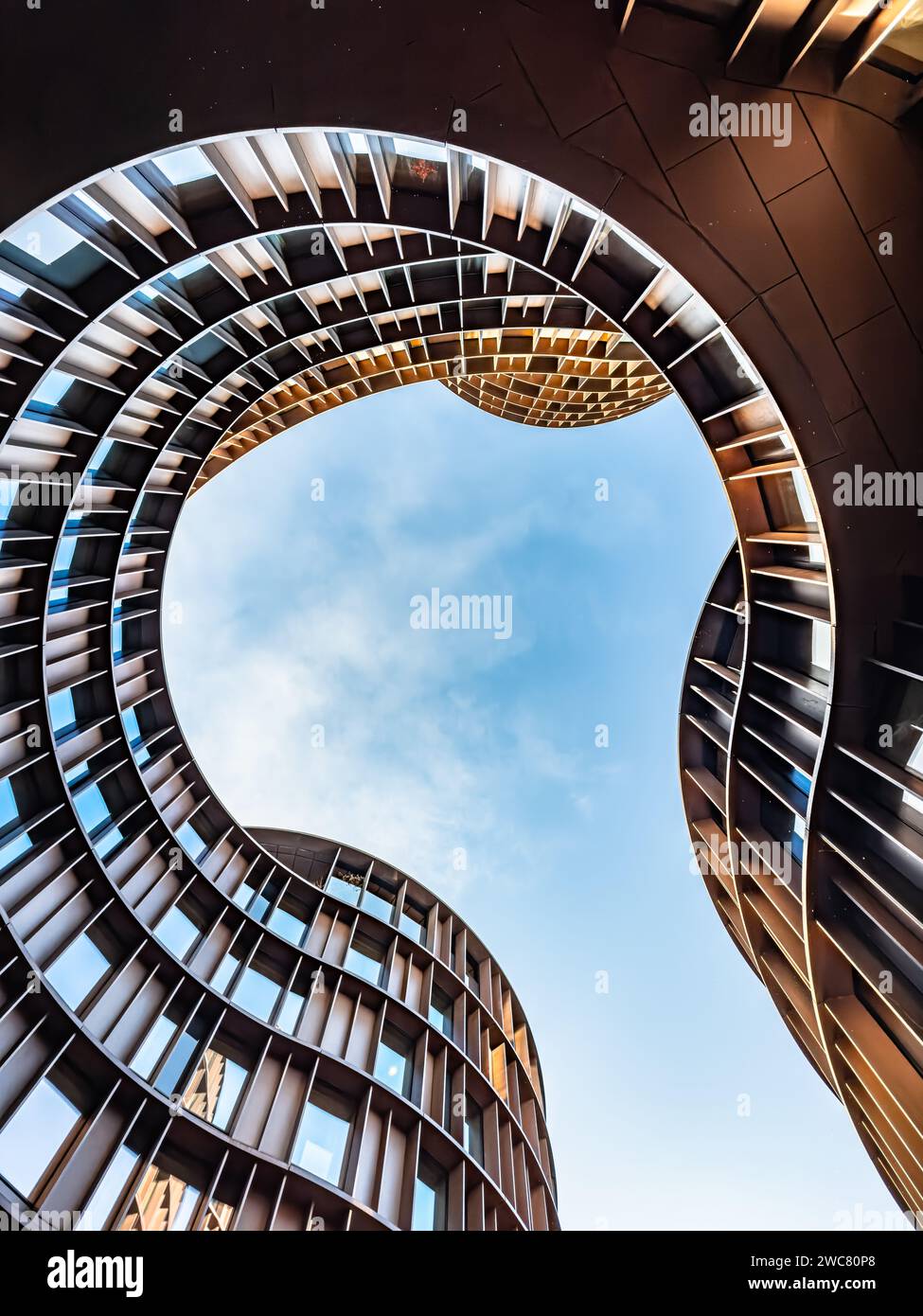 Looking up at Axel Towers, an iconic mixed-use office building in ...