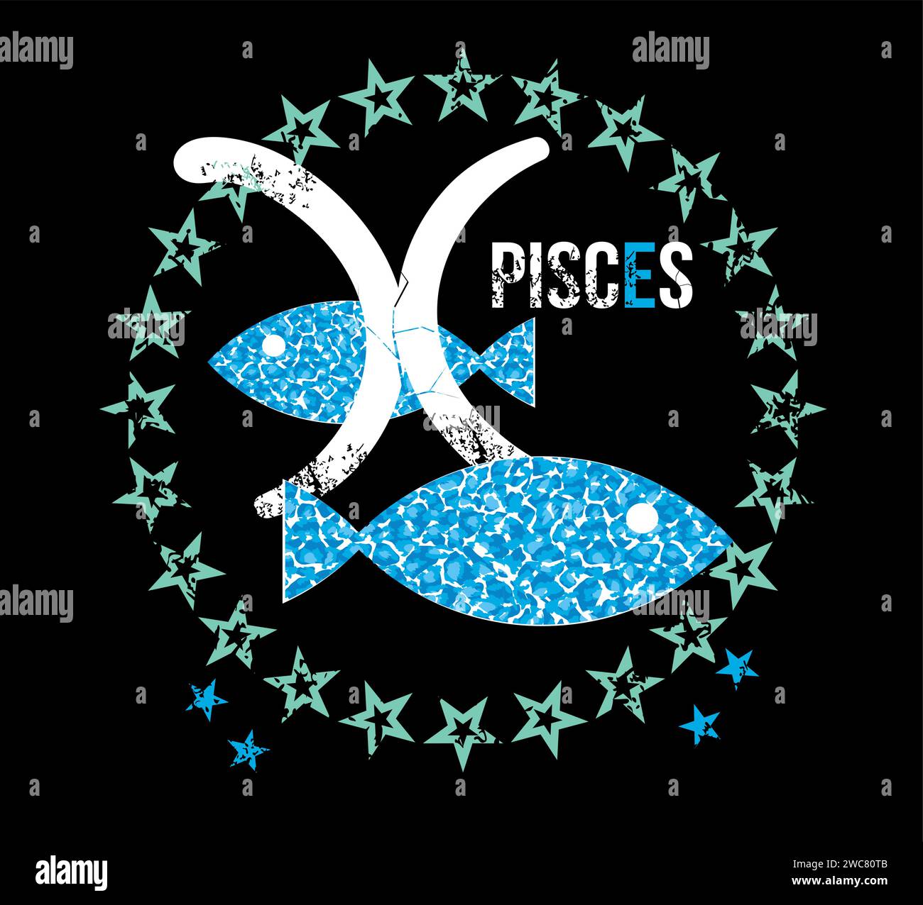 T-shirt design of the Pisces symbol along with a circle of stars and ...