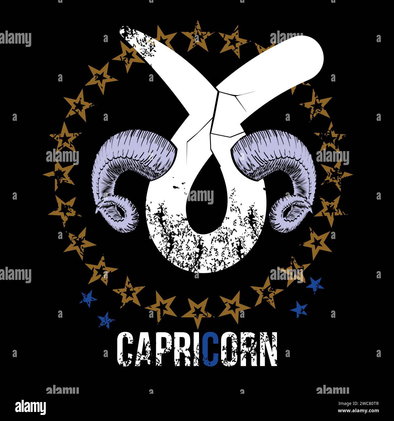 T-shirt design of the Capricorn symbol along with a circle of stars and ...