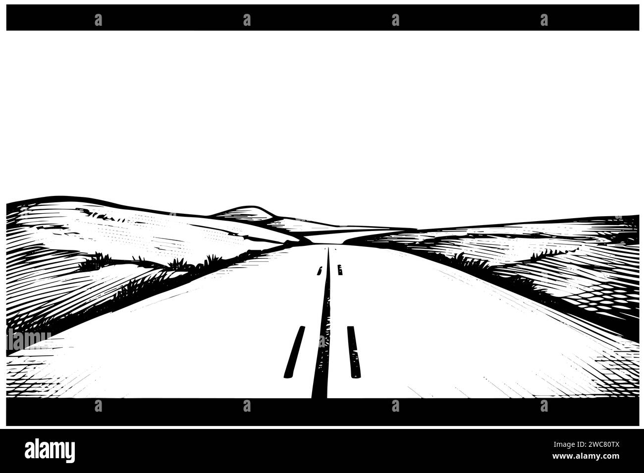 Simple road hand drawn ink sketch highway landscape. Engraved style ...
