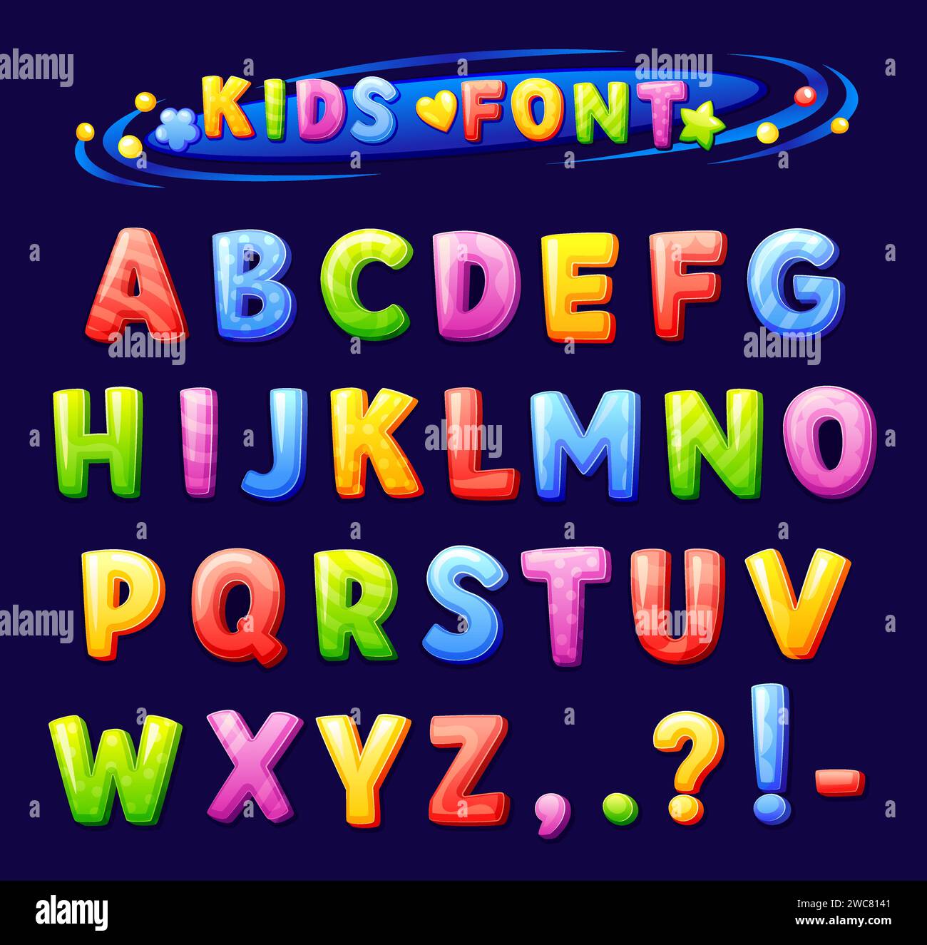 Kids zone font. Child latin original alphabet playful cartoon letters, kid fun typography sign ...