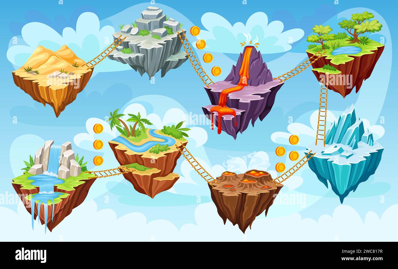 Islands level map. Adventure game play stage, road award fantasy island ...
