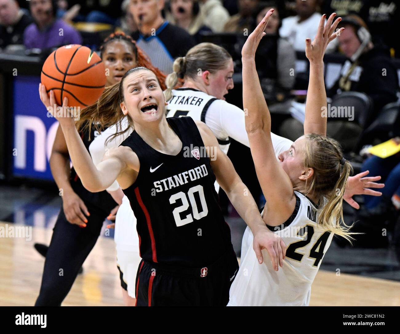 Stanford guard Elena Bosgana (20) gets around Colorado guard Maddie ...