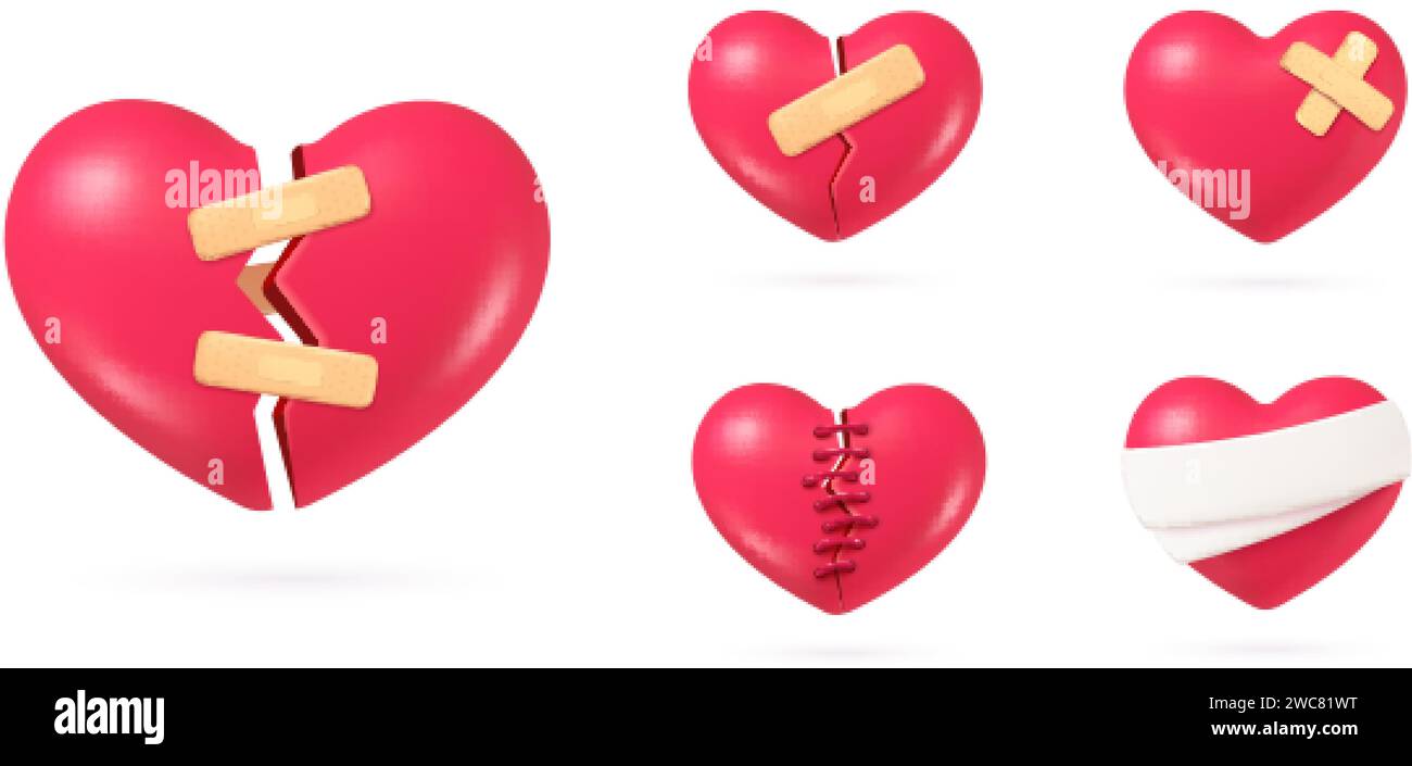3d broken hearts. Injury healing heart, couple separation hurt divorce ...