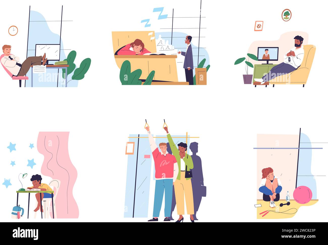 Drowsiness people. Asleep or yawn bored man and tired drowsy woman ...