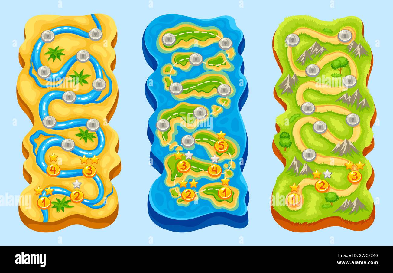 Mobile level map. Adventure casual game asset, road direction mountain ...