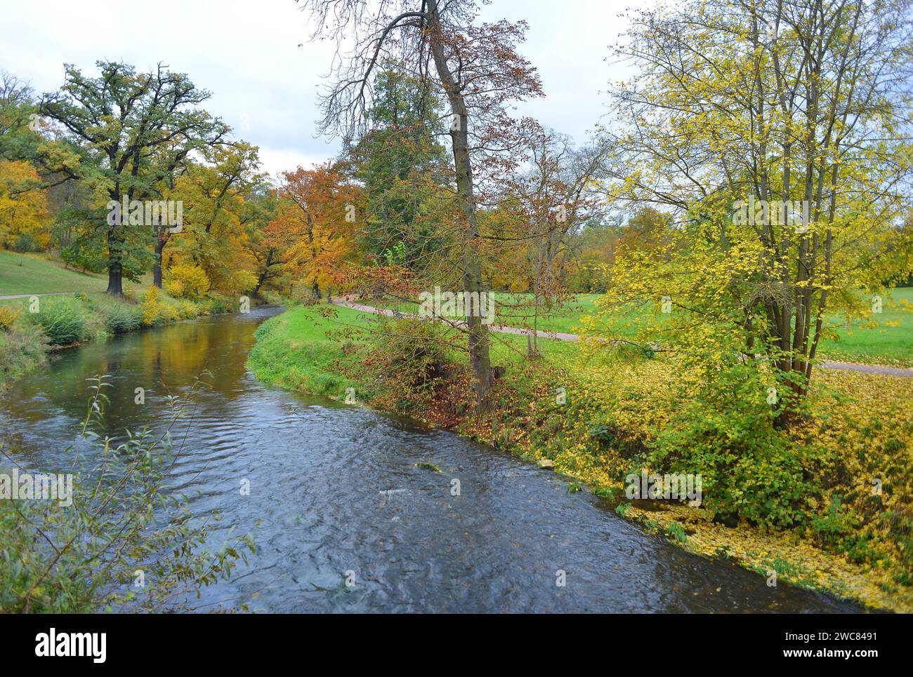 River Ilm at the Tiefurt castle gardens in autumn colors Stock Photo ...