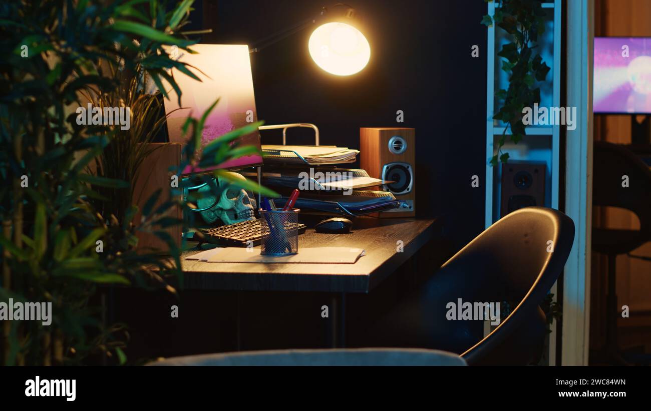 Revealing shot of computer screens showing running animation rendering ...