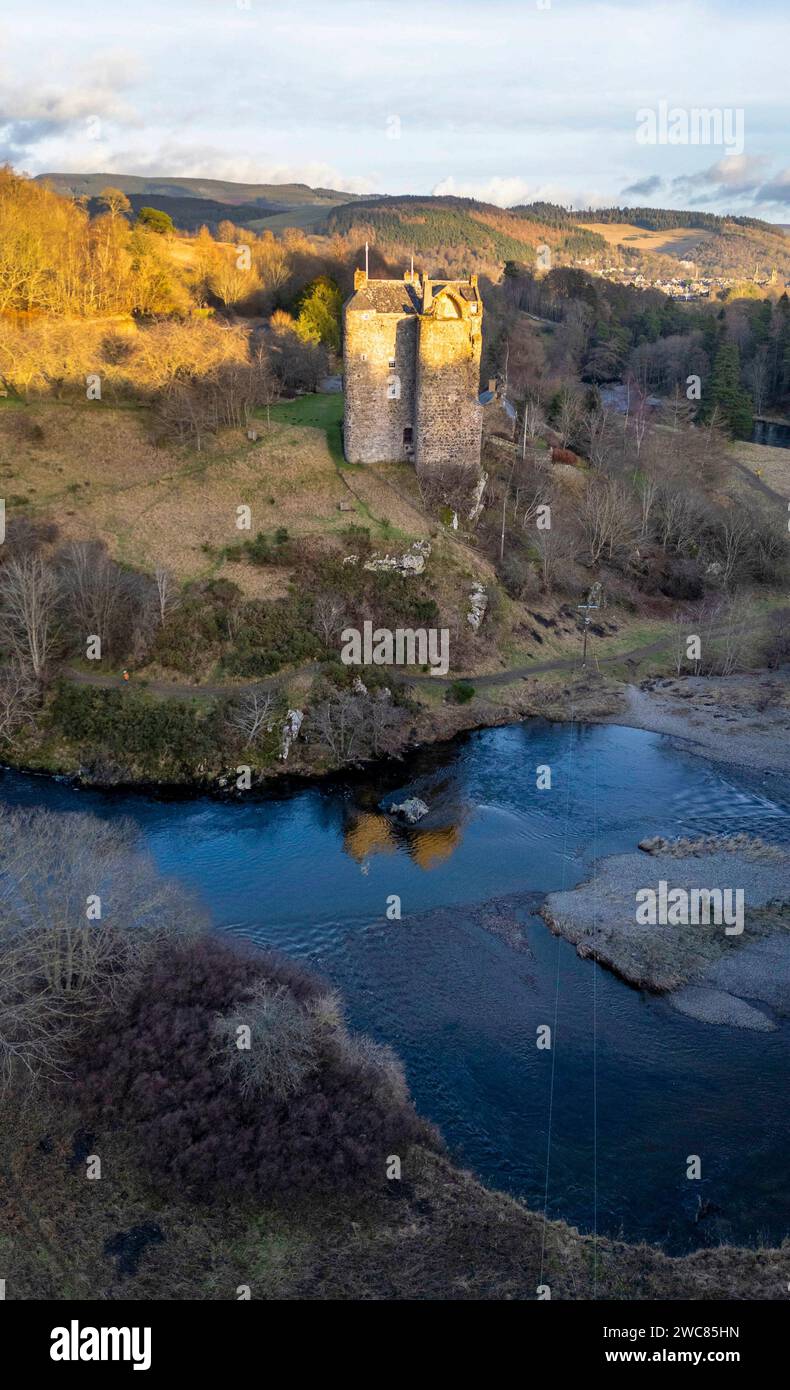 Aerial view of Neidpath Castle on the banks of the River Tweed at ...