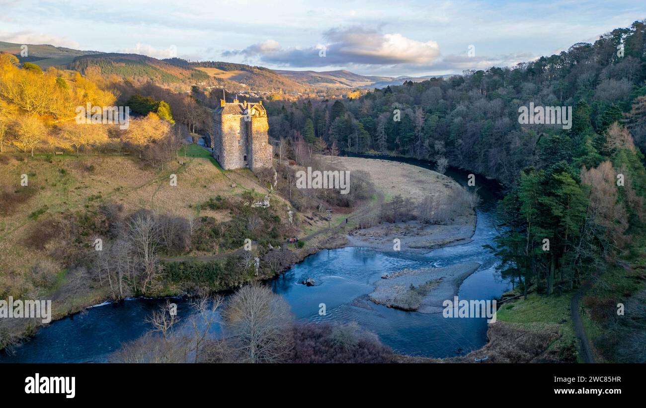 Aerial view of Neidpath Castle on the banks of the River Tweed at ...