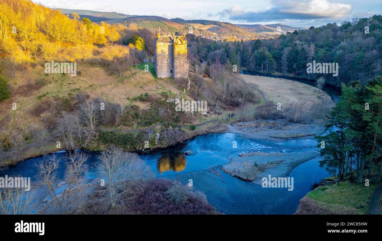 Aerial view of Neidpath Castle on the banks of the River Tweed at ...